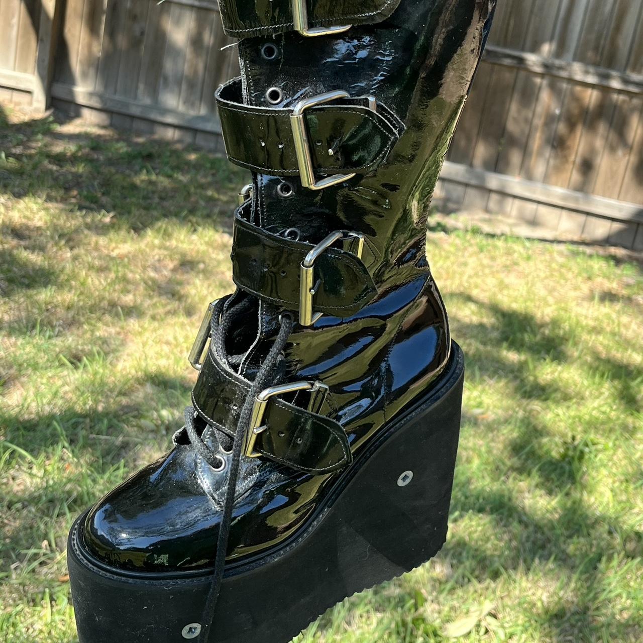 Patent pleather knee high platform boots, size... - Depop