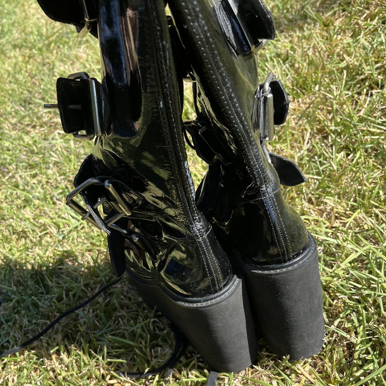 Patent pleather knee high platform boots, size... - Depop