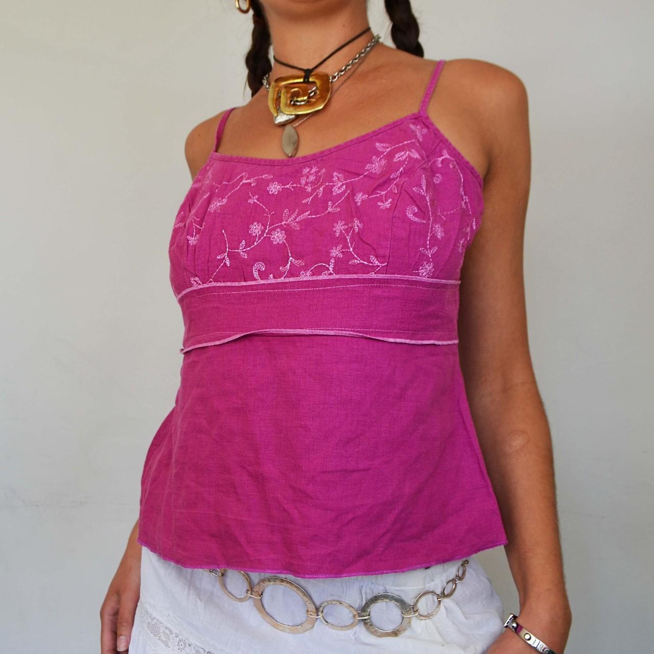 Vintage fuchsia pink linen cami top with embroidered... - Depop
