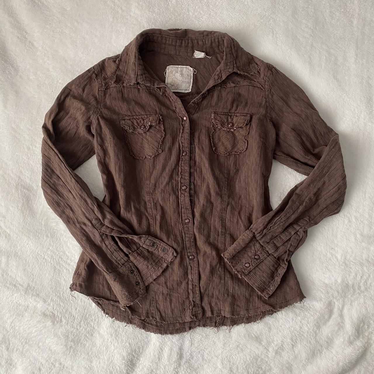 brown distressed button up top let me know if u... - Depop