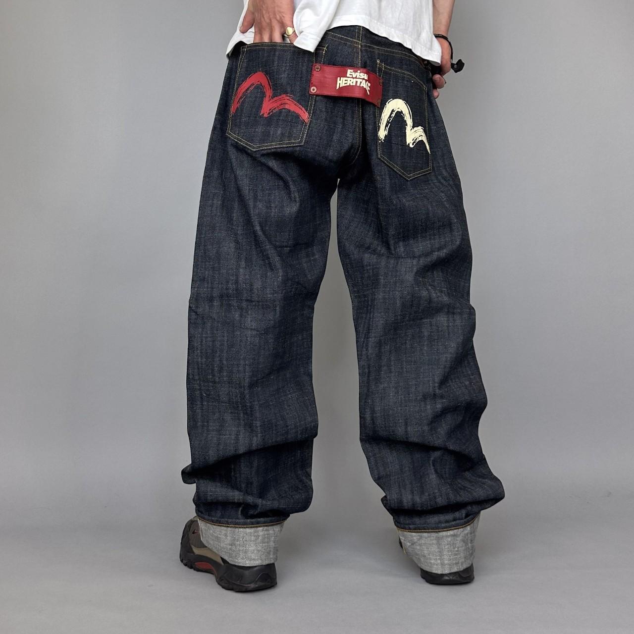 Evisu Red and White Painted Gull Logo Jeans Baggy... - Depop