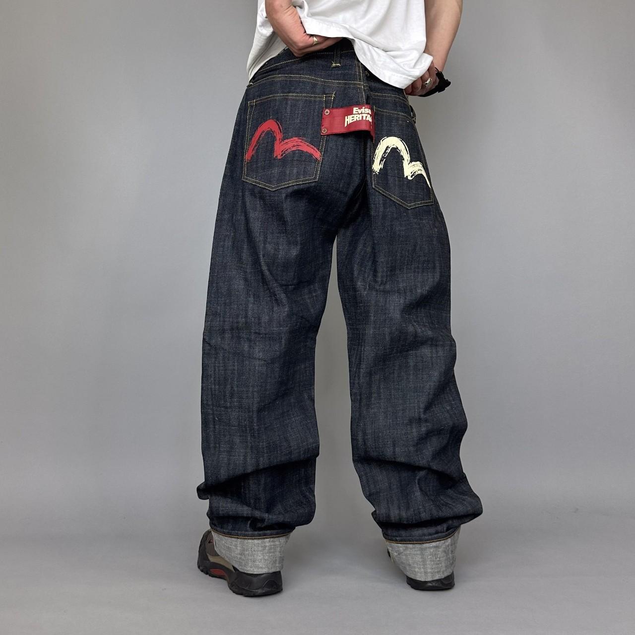 Evisu Red and White Painted Gull Logo Jeans Baggy... - Depop