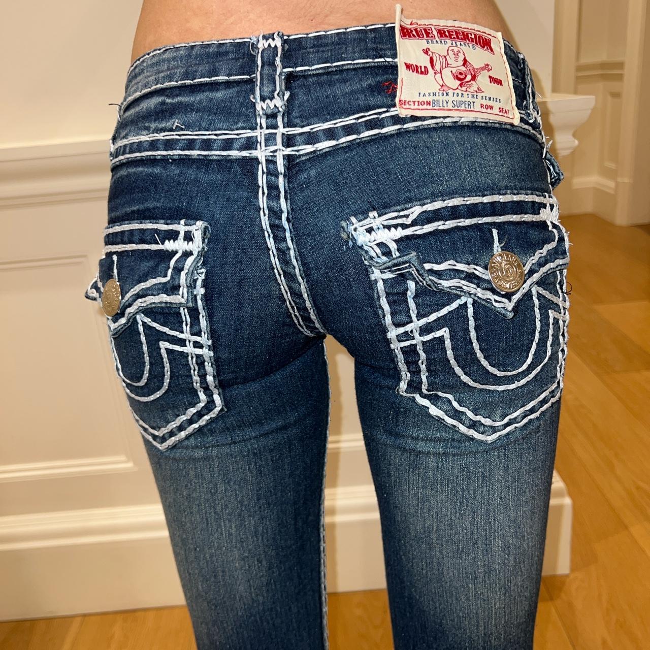 True religion jeans dark blue with white stitching... - Depop