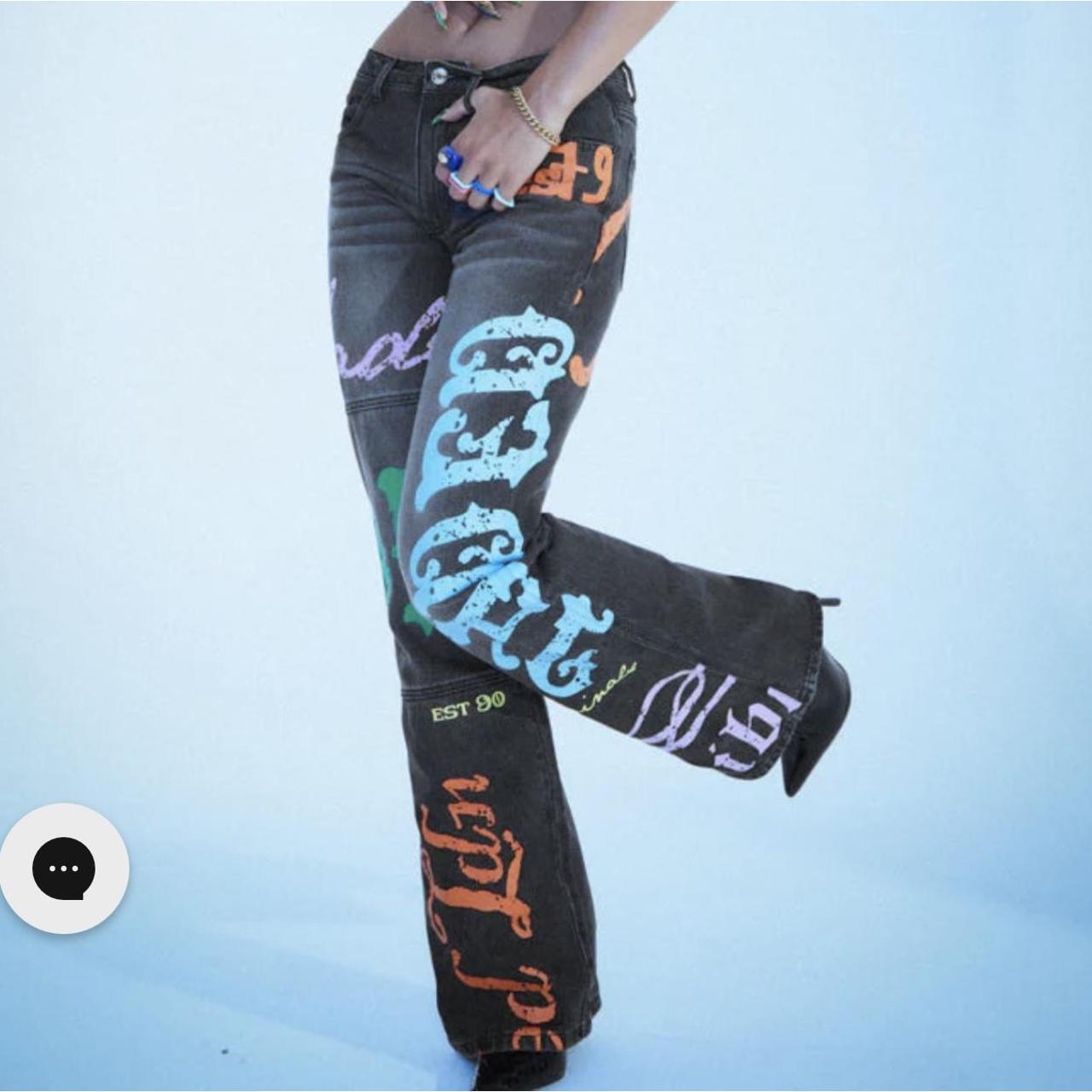 graffiti jeans flared fit + low rise worn... - Depop
