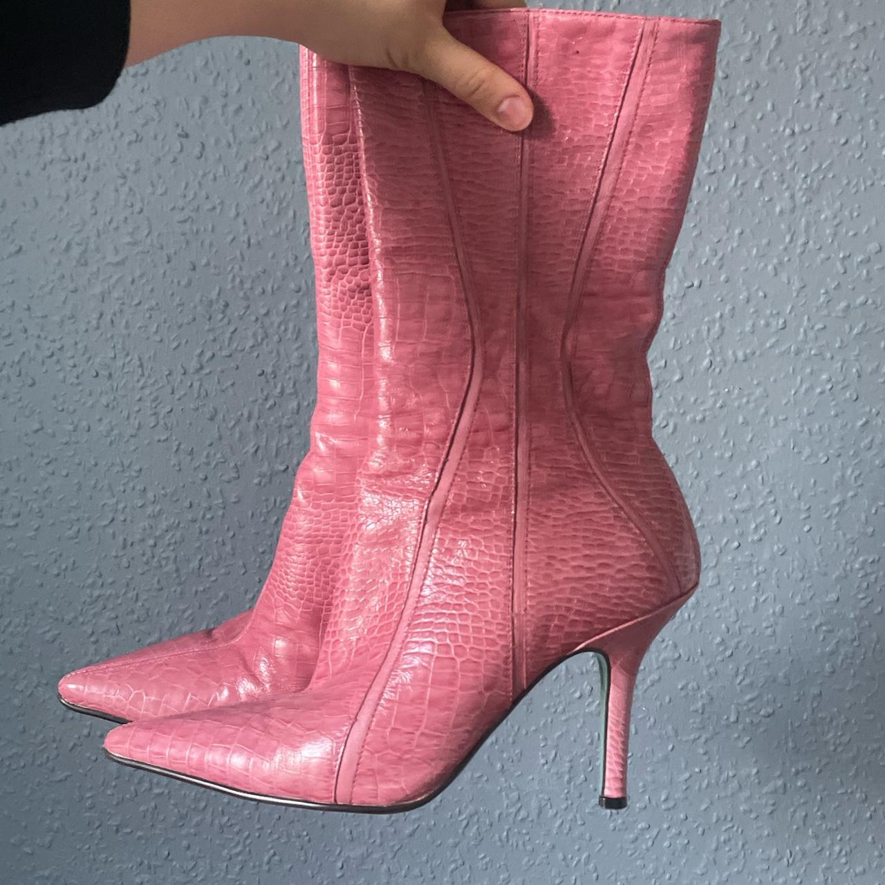 Y2k pink croc leather Faith stiletto boots Calf high... - Depop