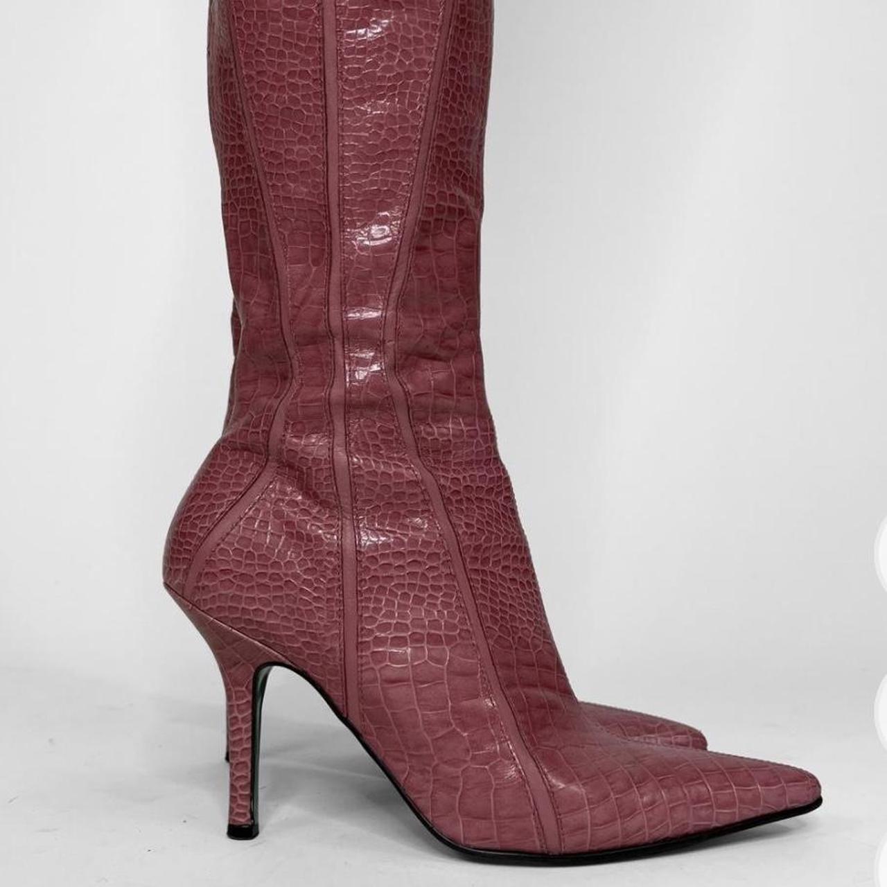 Y2k pink croc leather Faith stiletto boots Calf high... - Depop