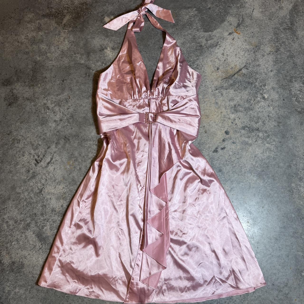 Pink satin halter dress with zipper back •... | Depop