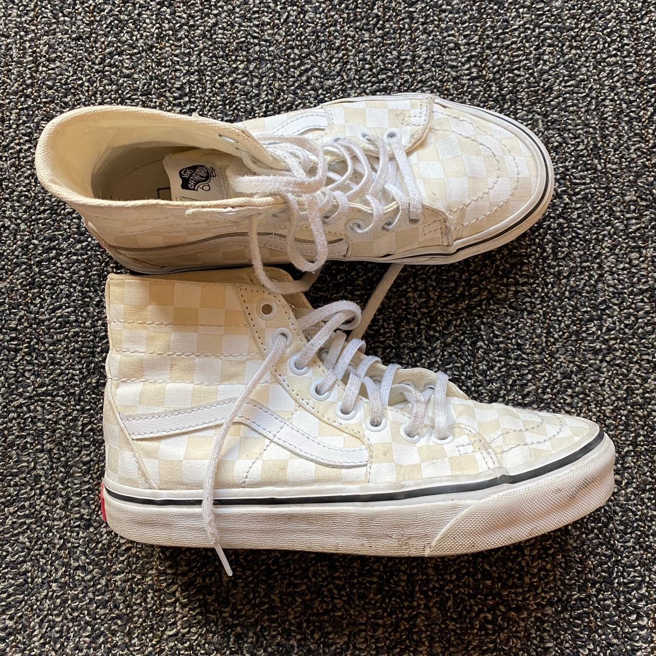 Yellow and white checkered high top vans In good... - Depop