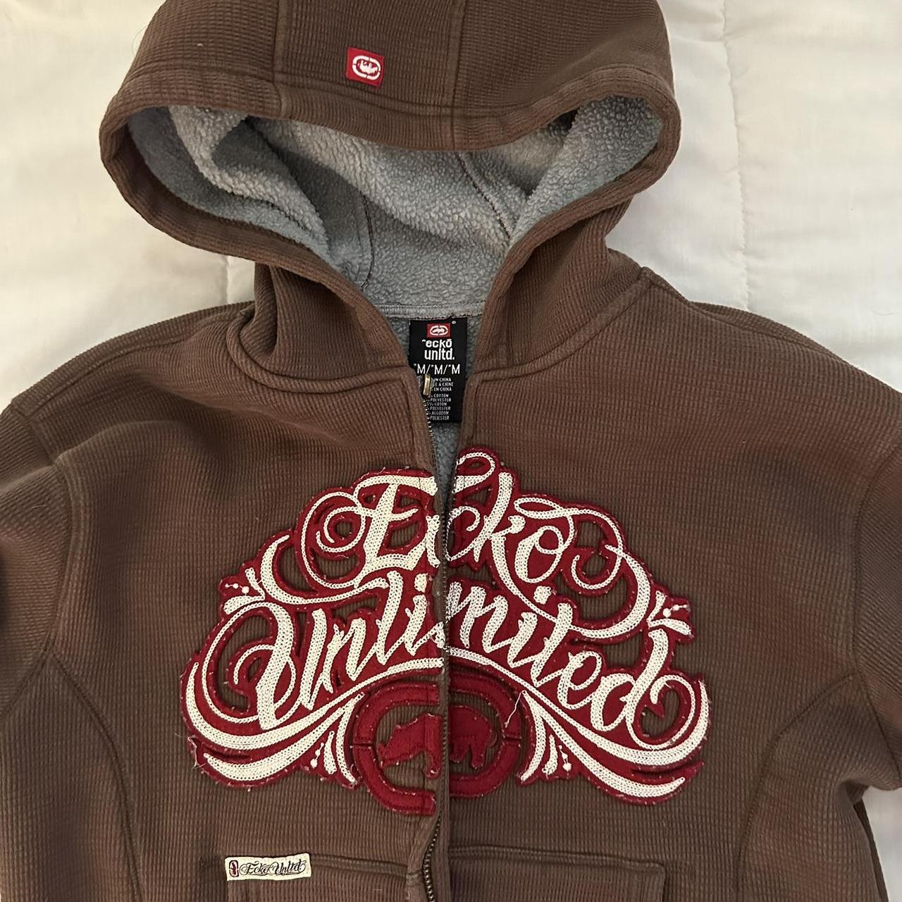 2000s Ecko Unltd brown sweater with red and white... - Depop