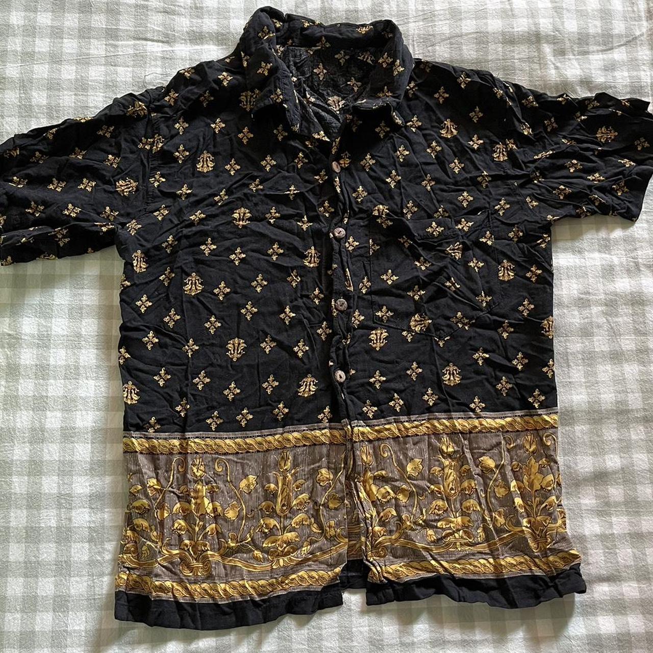 Vintage black and gold button up shirt - Depop