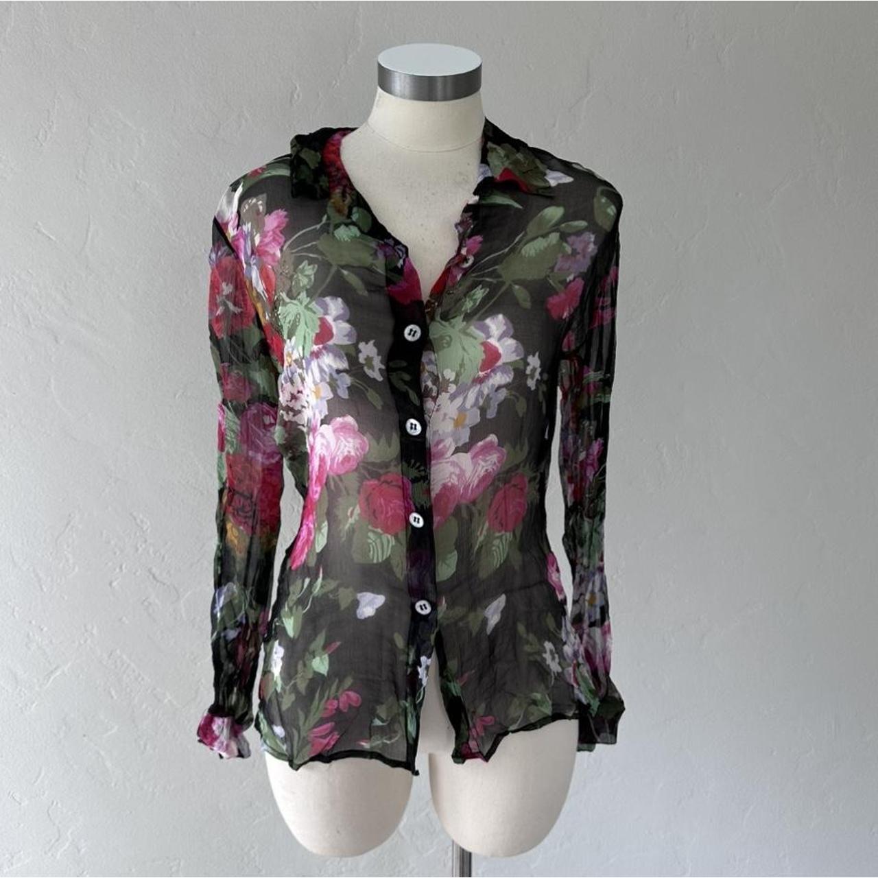 100% silk sheer blouse. gorgeous flower design.... - Depop