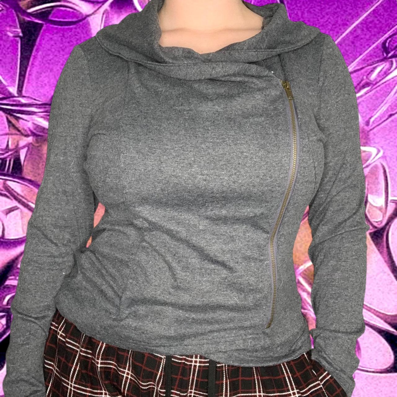 thick grey assymetric zip cowl neck hoodie /... - Depop