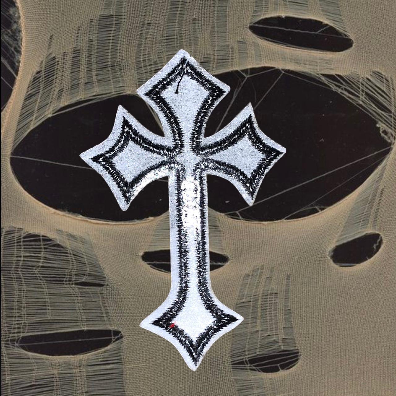 black grunge cross iron on patch for placing on any... - Depop