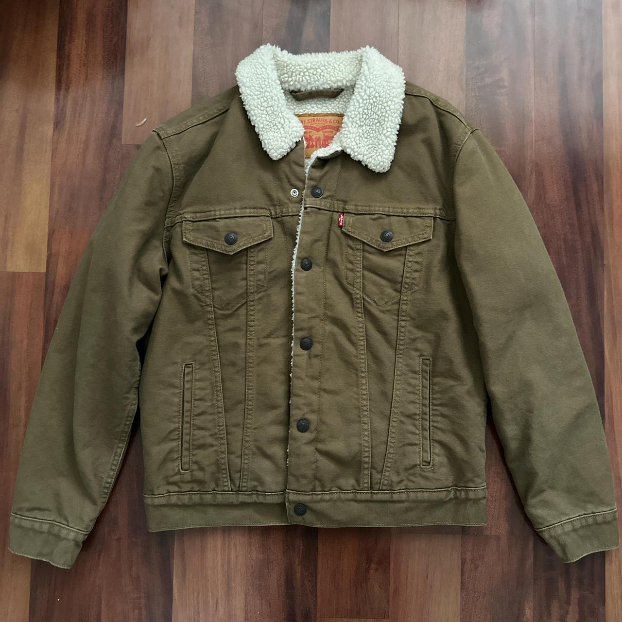 Brown/Tan Levi jean/fur jacket sz: M - Depop