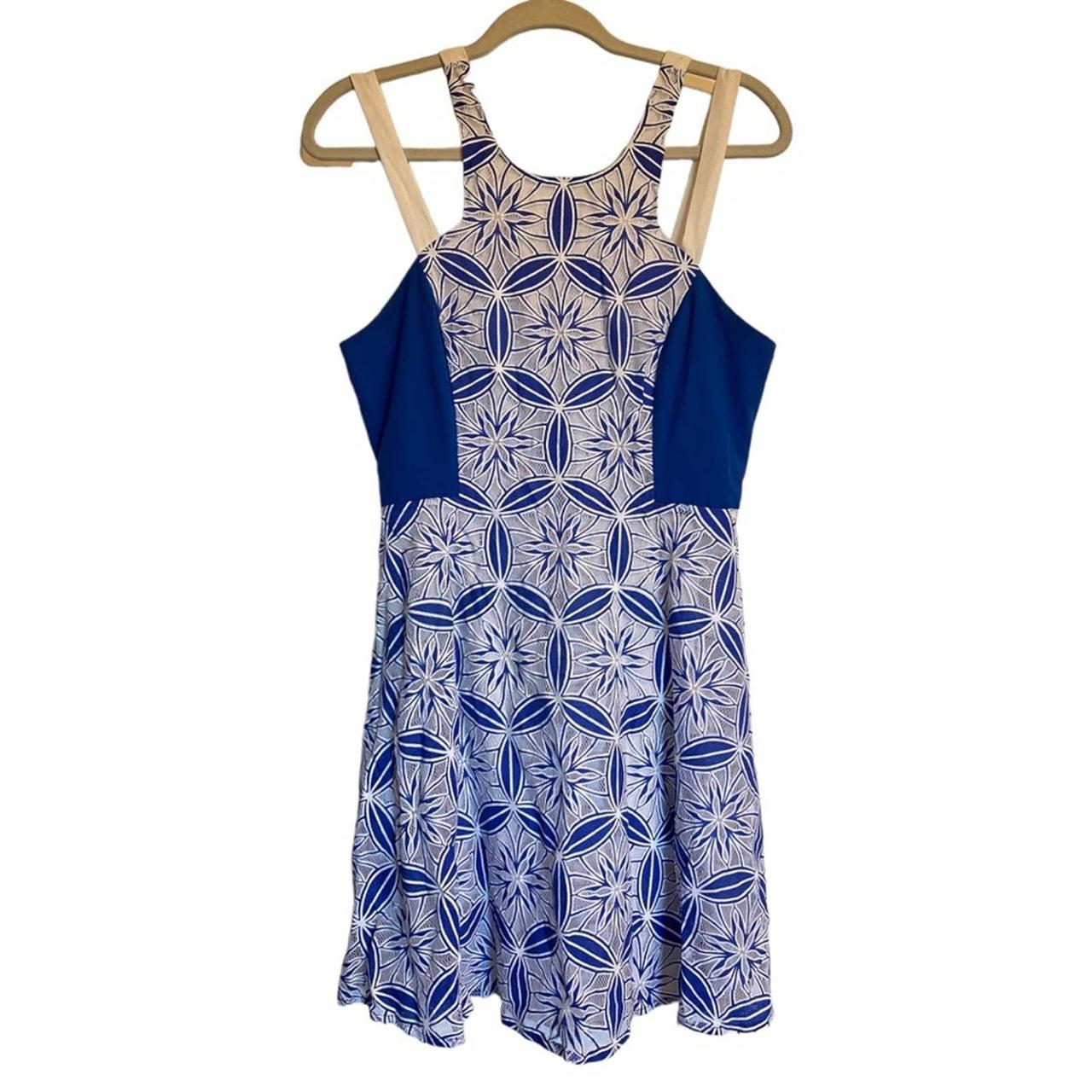 Maude Blue and White Fit and Flare Mini Dress... - Depop