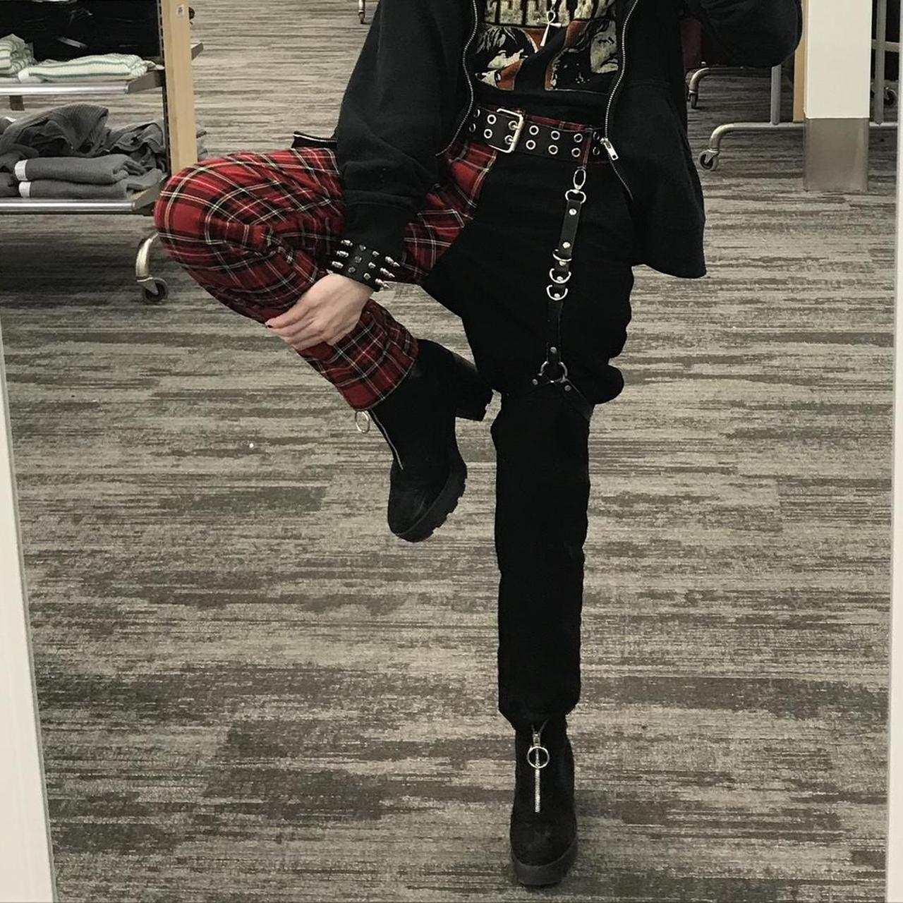 Split half red plaid half black alt pants!! 🖤... - Depop