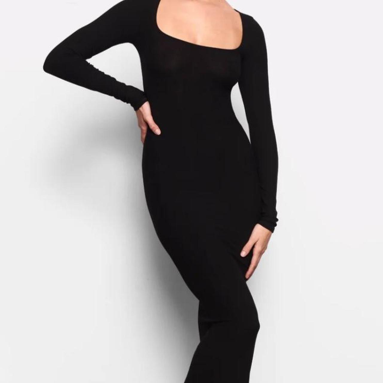 skims black long sleeve lounge bodycon maxi dress in... - Depop