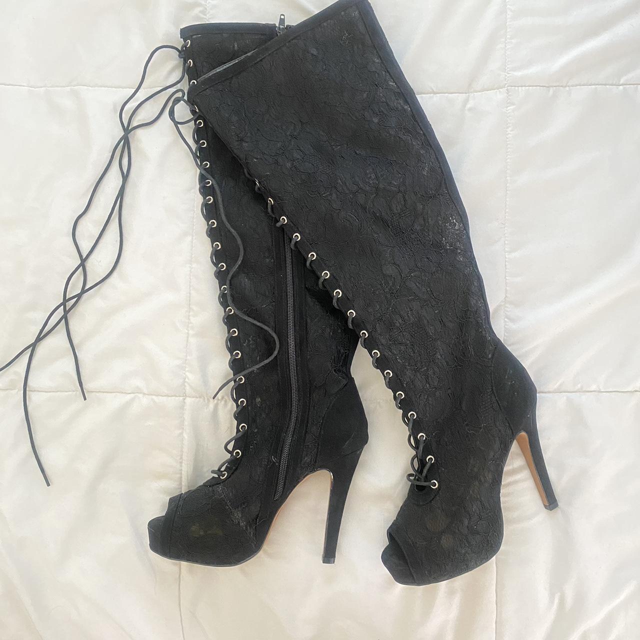 - Torrid Black Lace High Knee Heels - Lace... | Depop