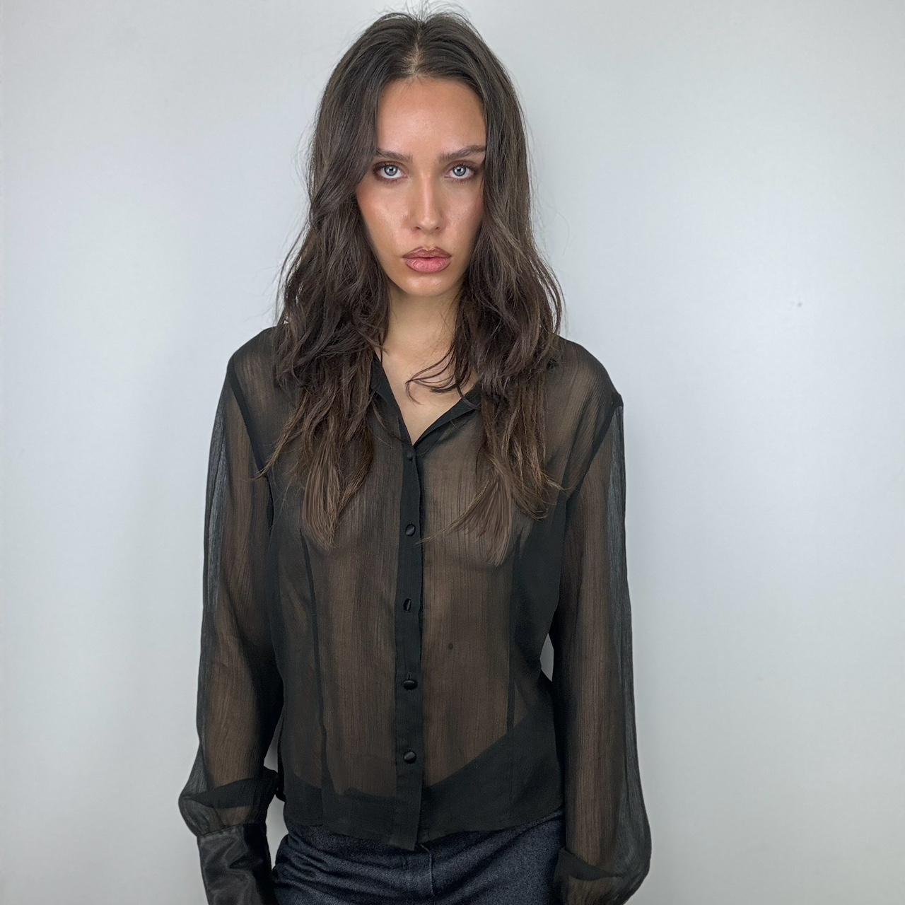 Black sheer button-up blouse with long... | Depop