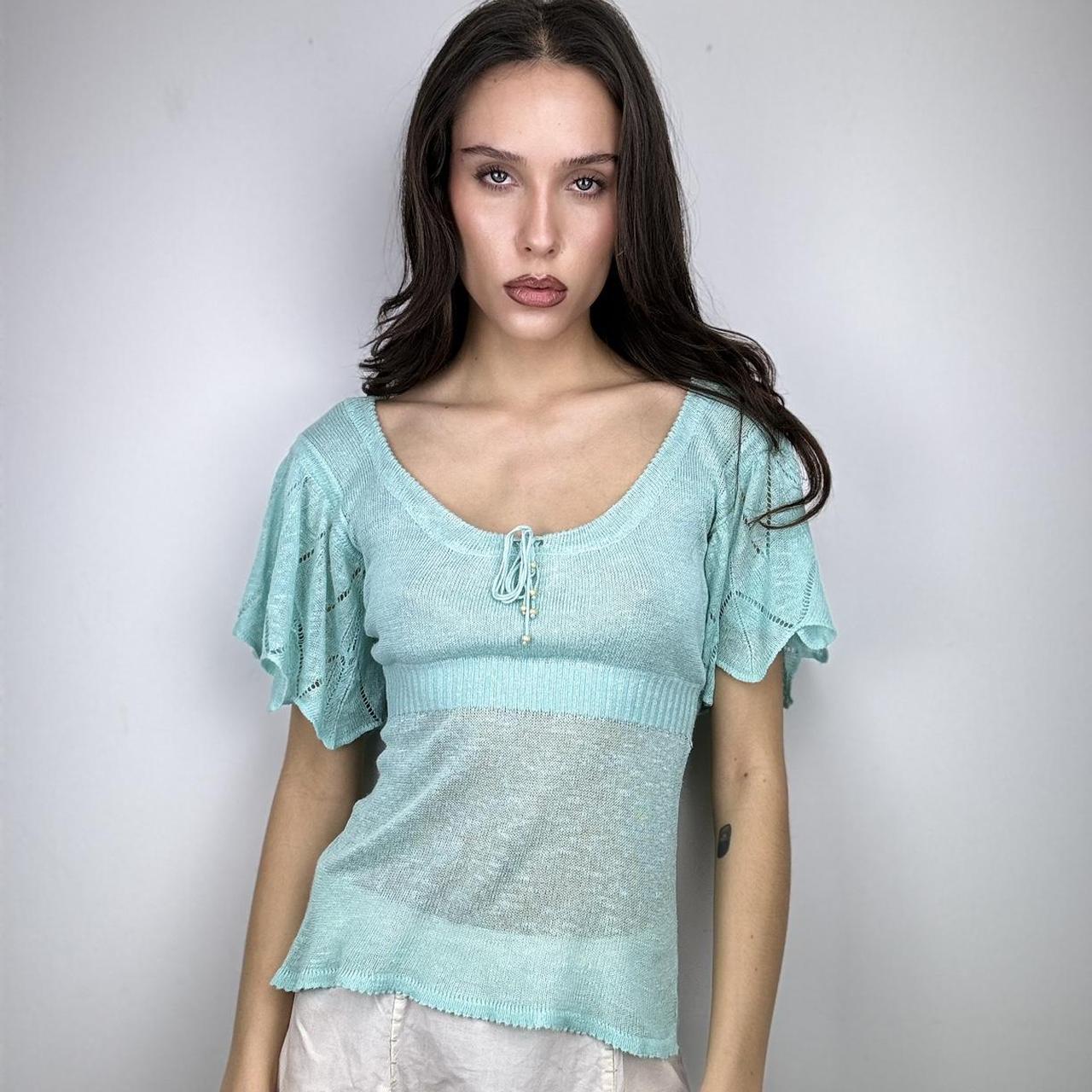 Turquoise blue sheer hippie batwing style sleeve top... | Depop