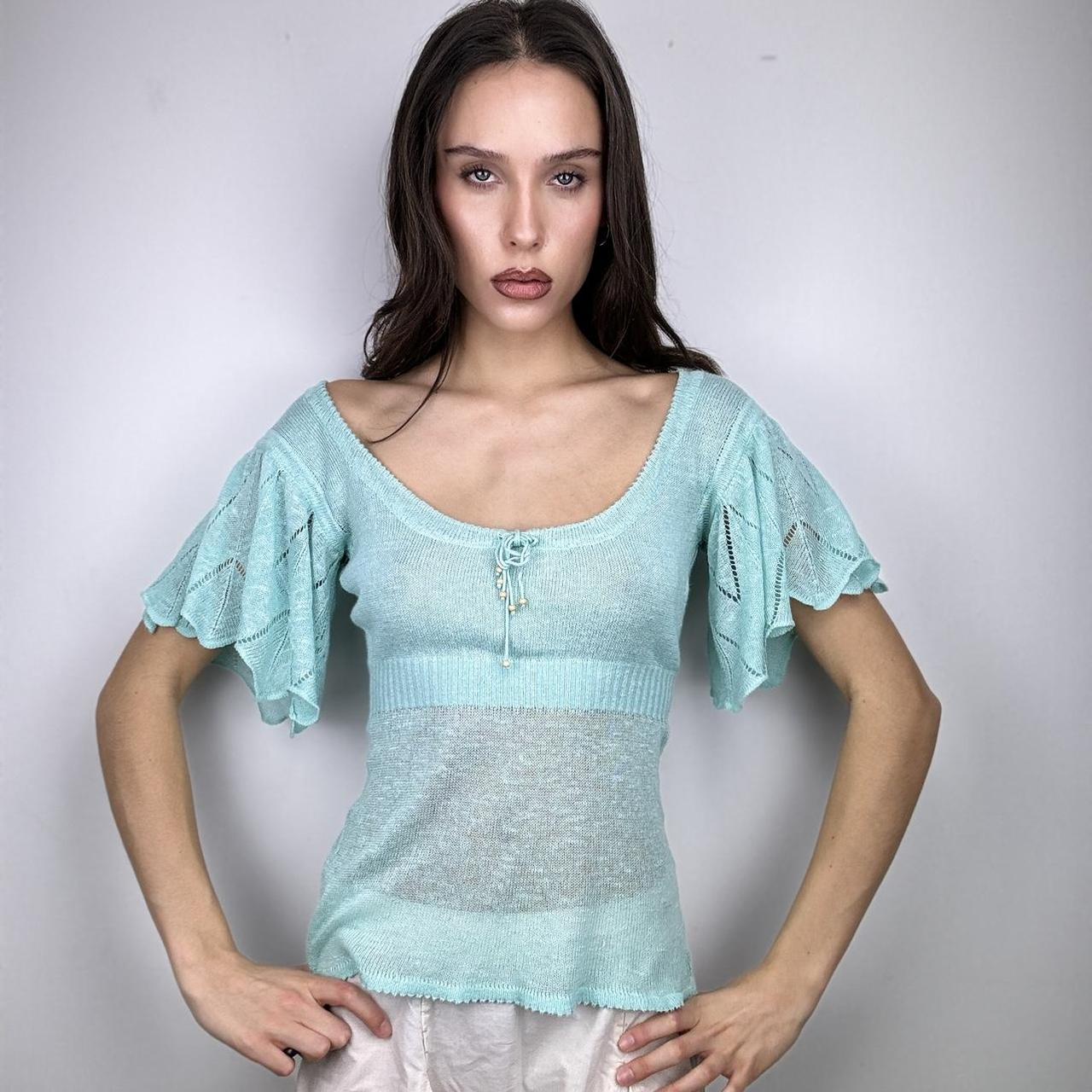Turquoise blue sheer hippie batwing style sleeve top... | Depop