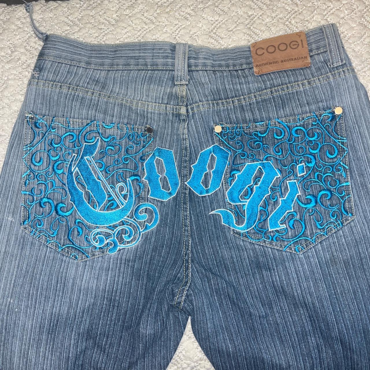 Vintage distressed coogi jeans with blue embroidery... - Depop