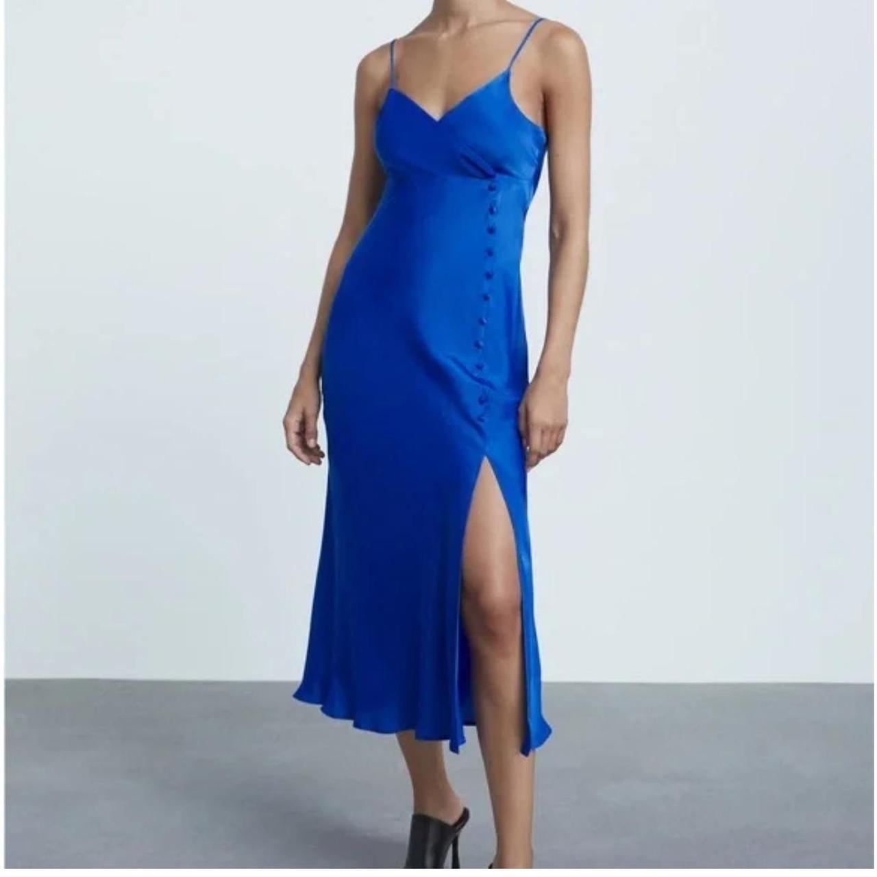 Zara deep blue satin long dress NEVER WORN - Depop
