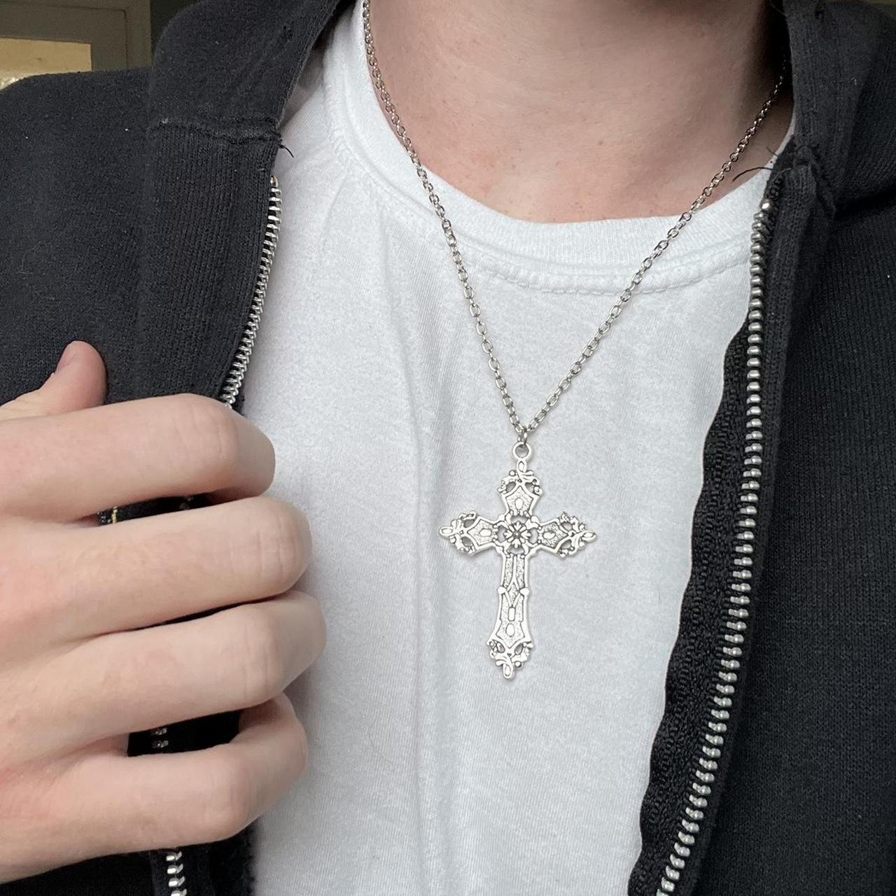 y2k gothic cross metallic chain super sick cyber... - Depop