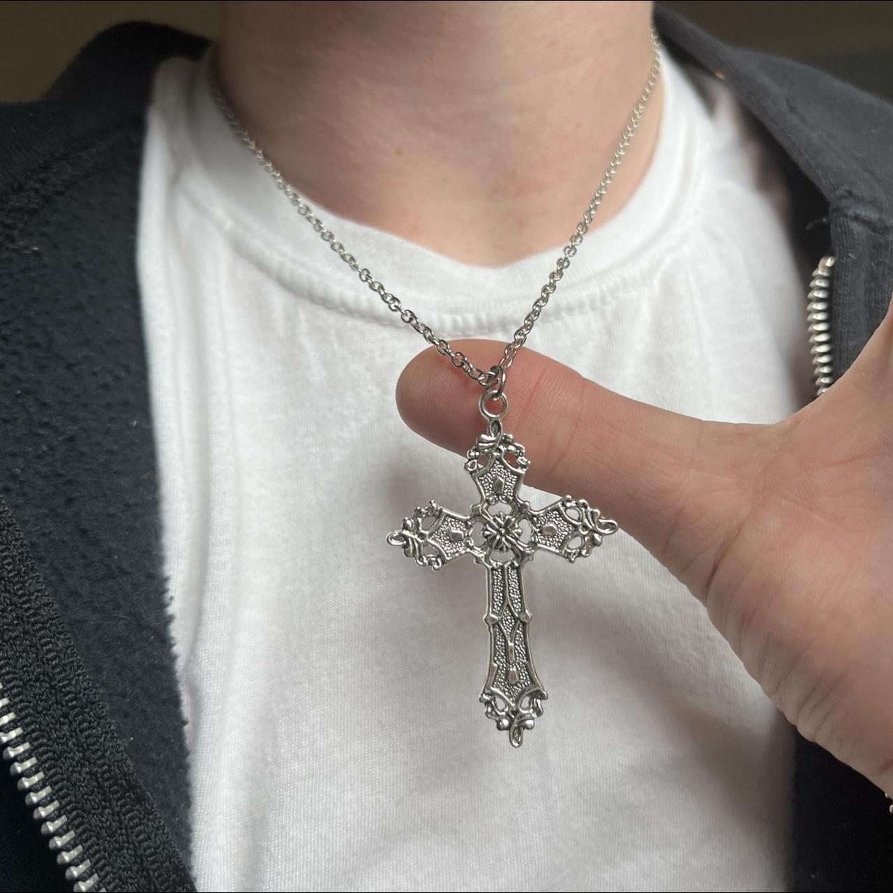 y2k gothic cross metallic chain super sick cyber... - Depop