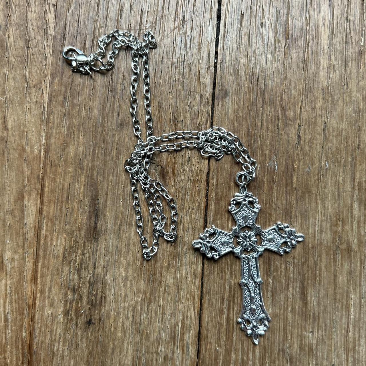 y2k gothic cross metallic chain super sick cyber... - Depop