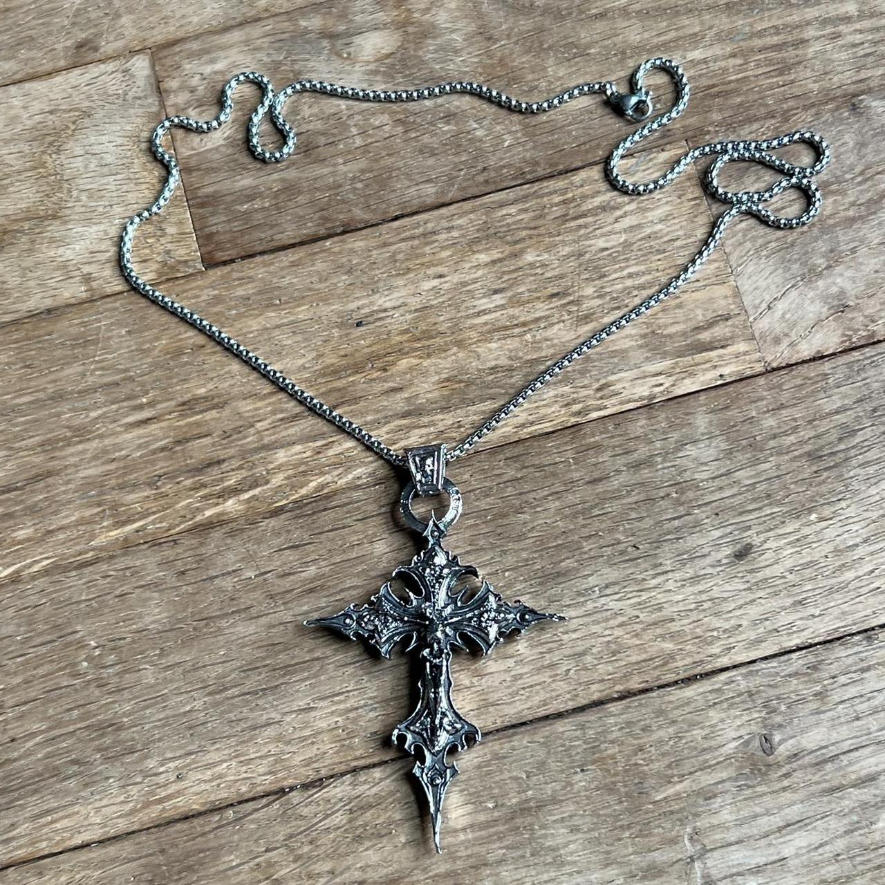 y2k/2000s cyber gothic cross necklace super sick... - Depop