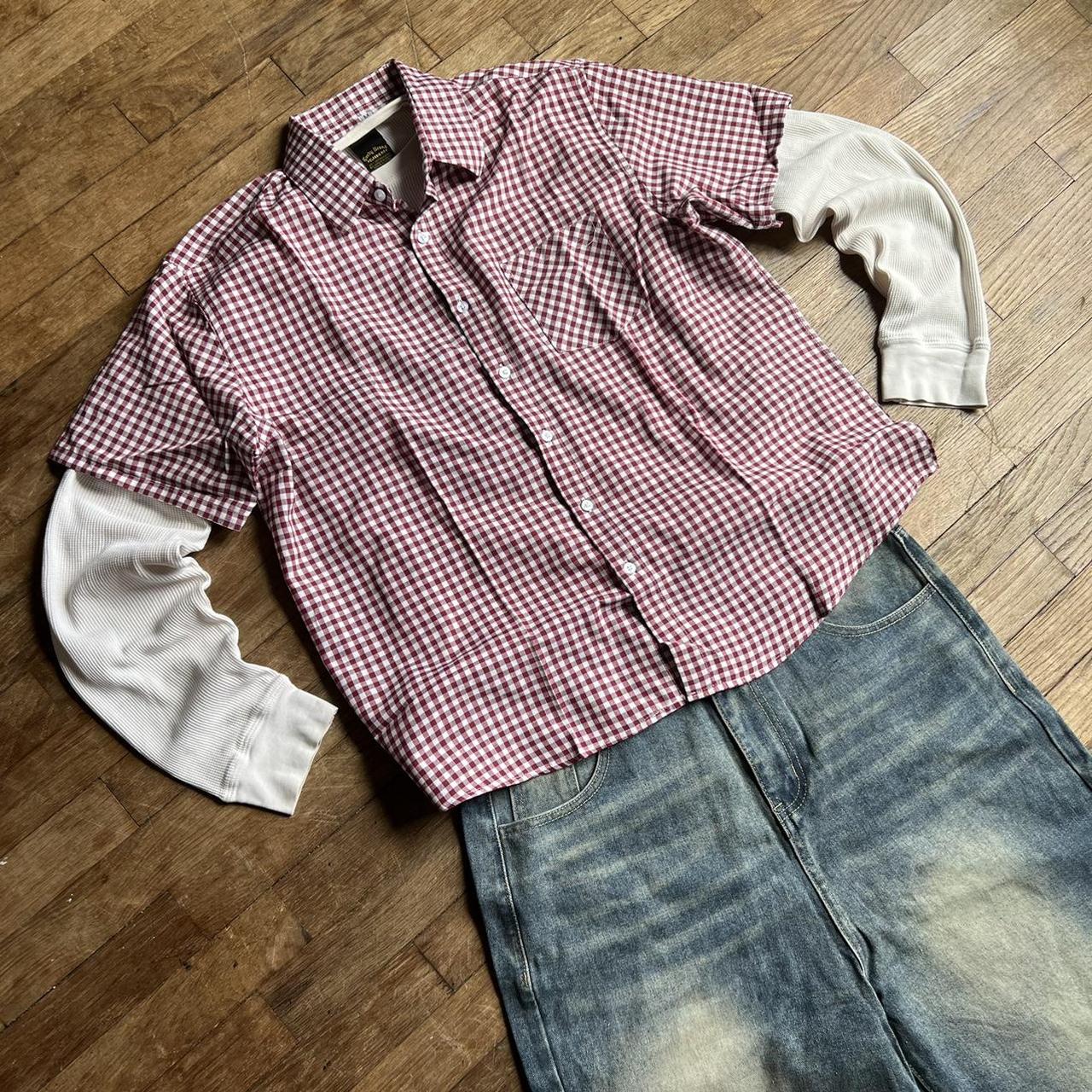 y2k/2000s baggy red plaid button up boxy summer... - Depop