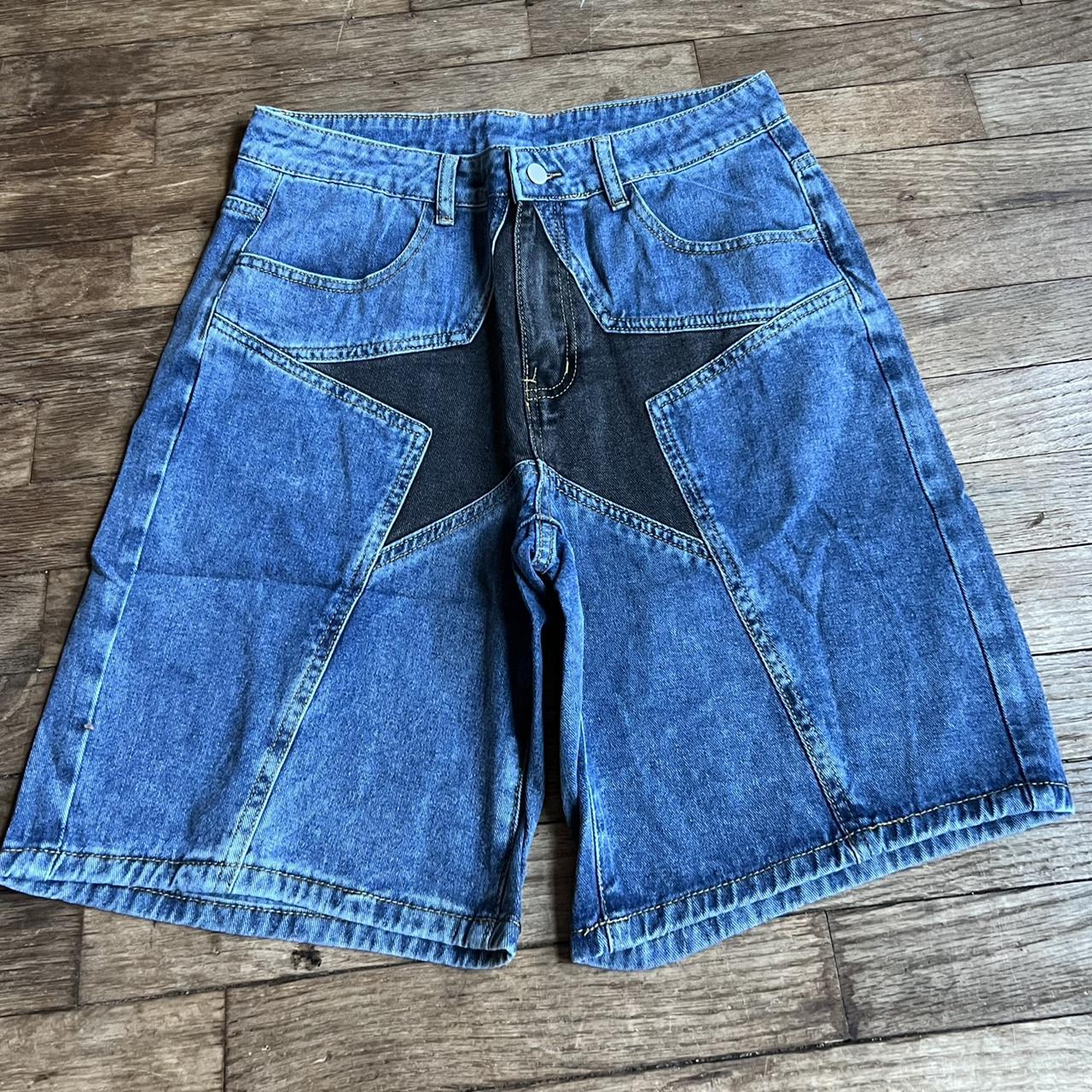 y2k/2000s baggy star embroidered jorts super sick... - Depop
