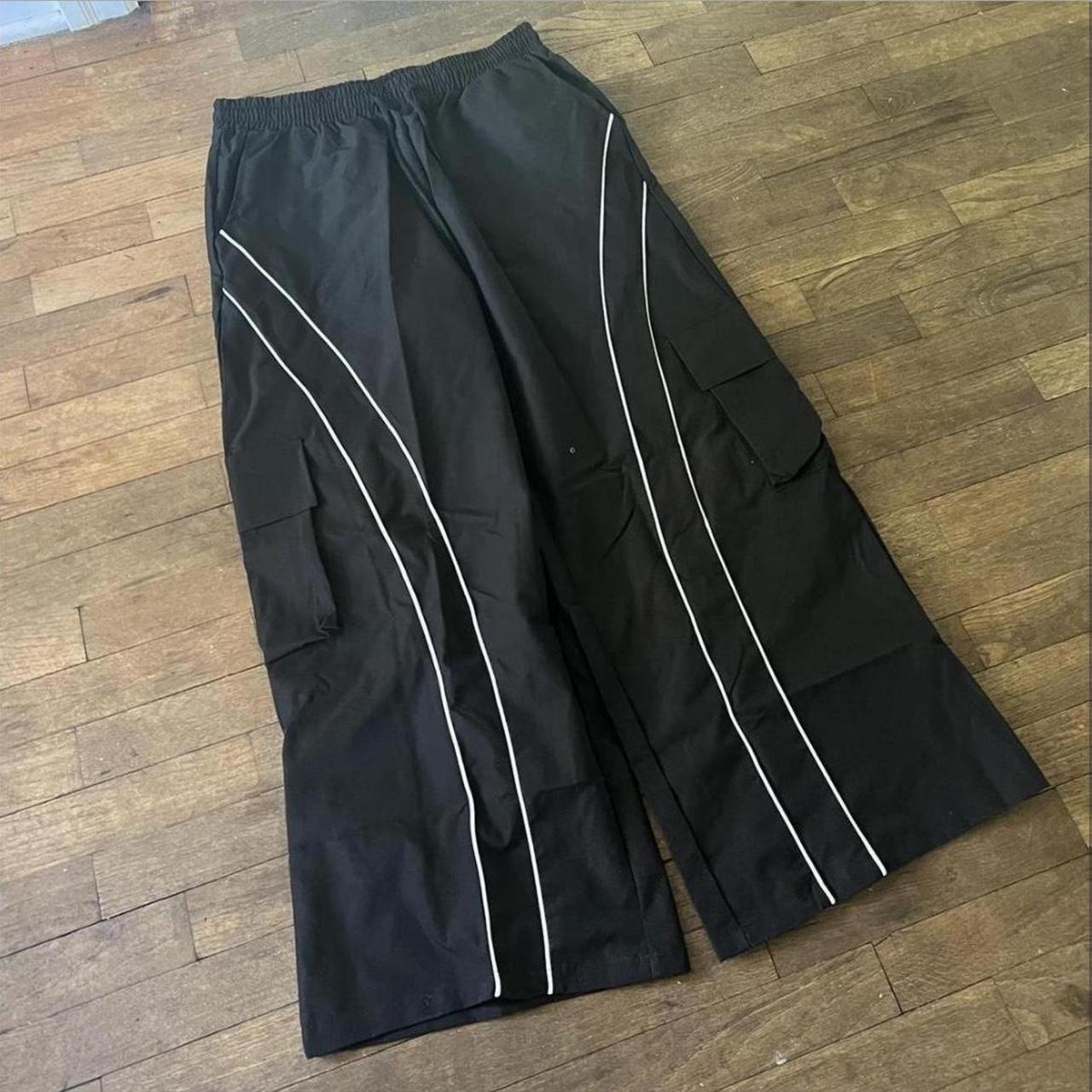 y2k/2000s baggy wide leg black stripe track pants... - Depop