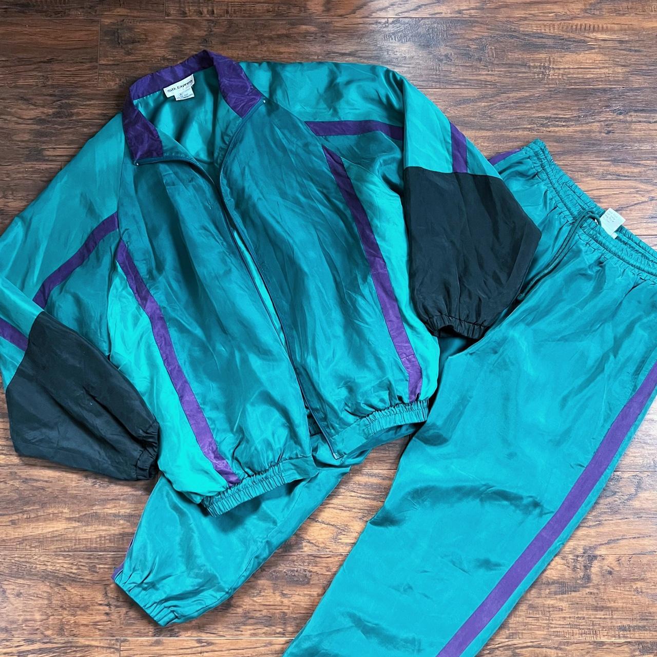 vintage 80s silk tracksuit colorblock teal purple... | Depop
