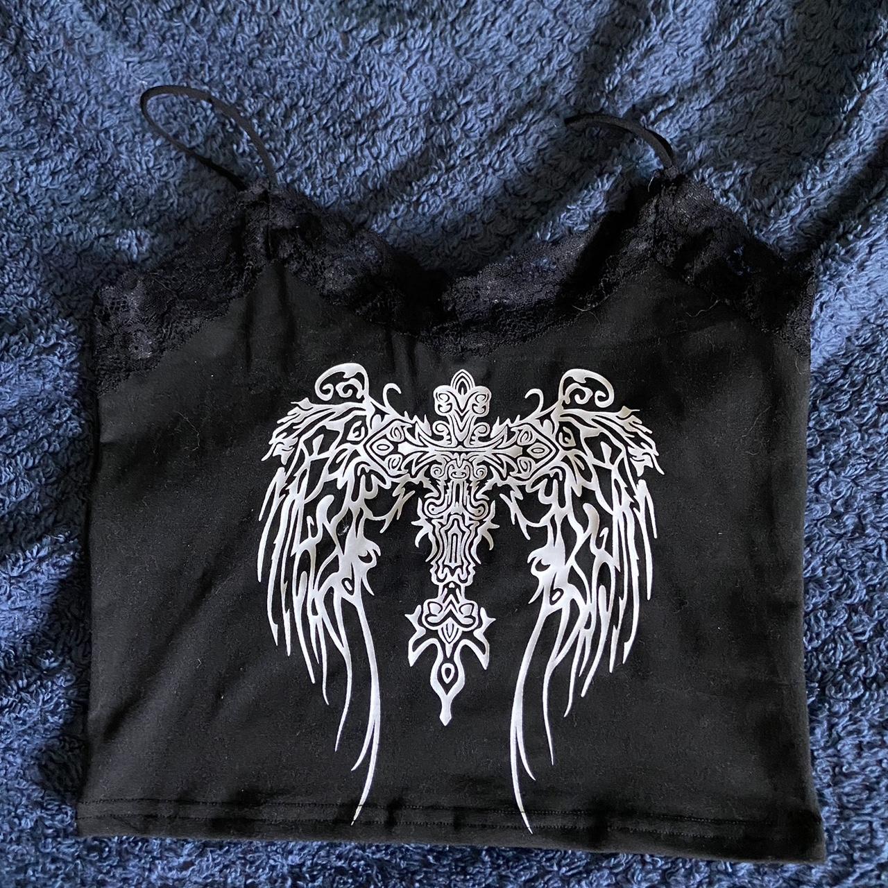 Repop black spaghetti strap crop top with cross and... - Depop