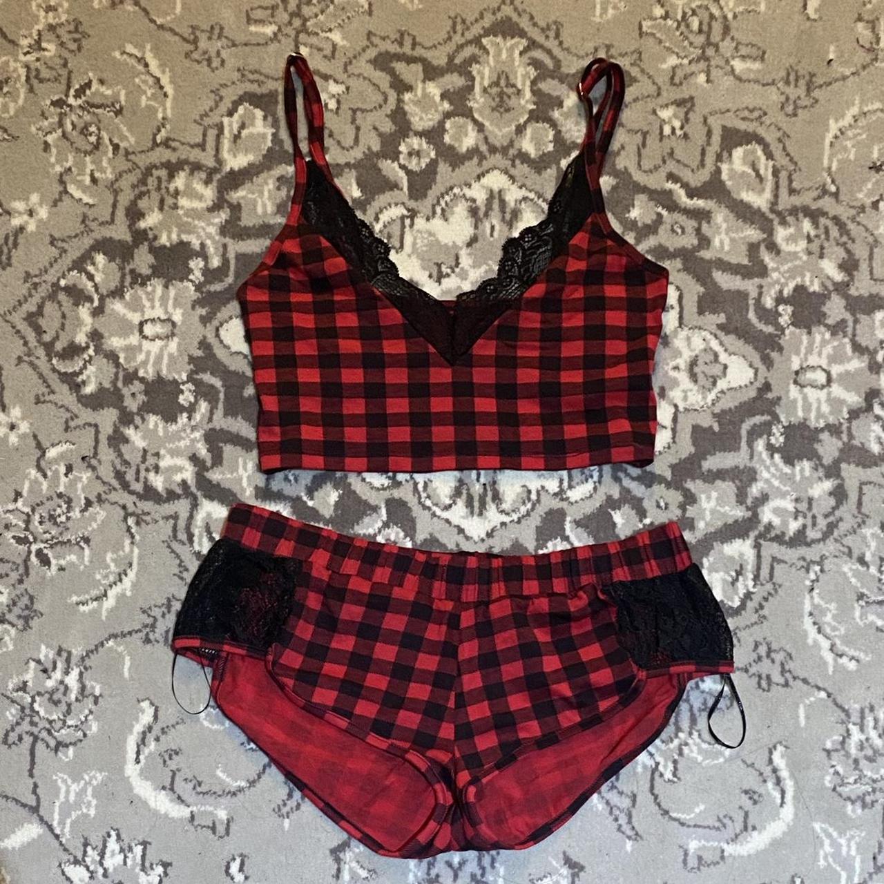 red and black plaid pj set with lace size s never worn - Depop