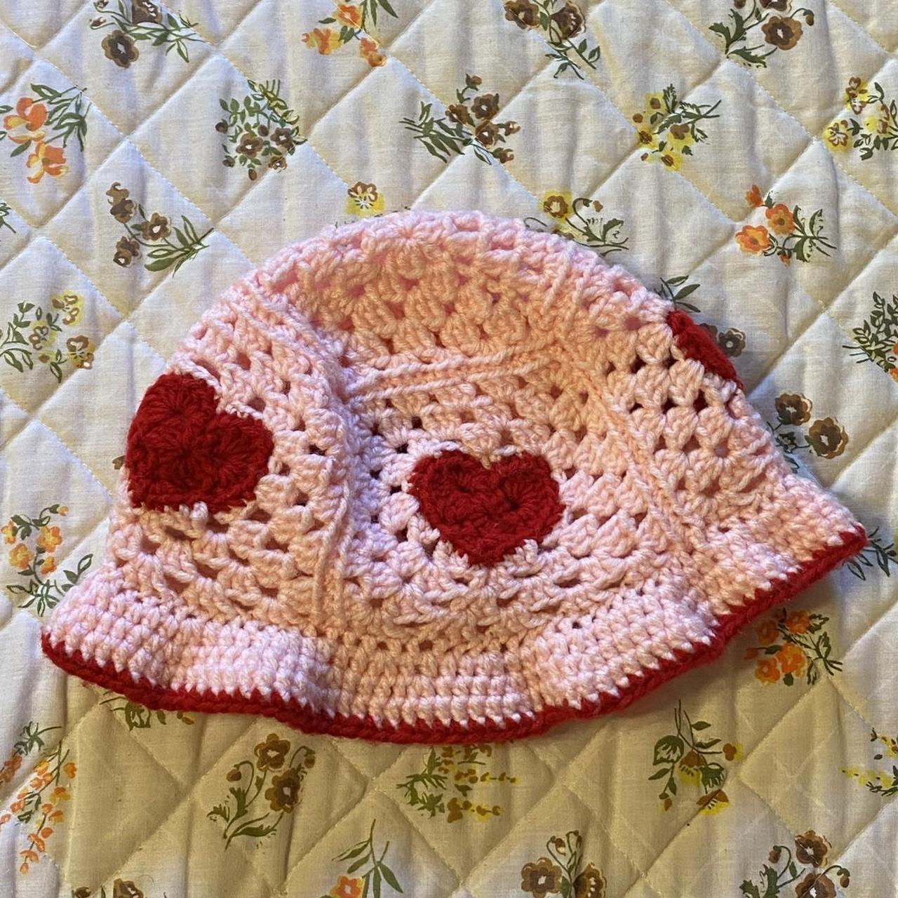Pink and Red Heart Hat Handmade Crochet ️ ️ - Depop