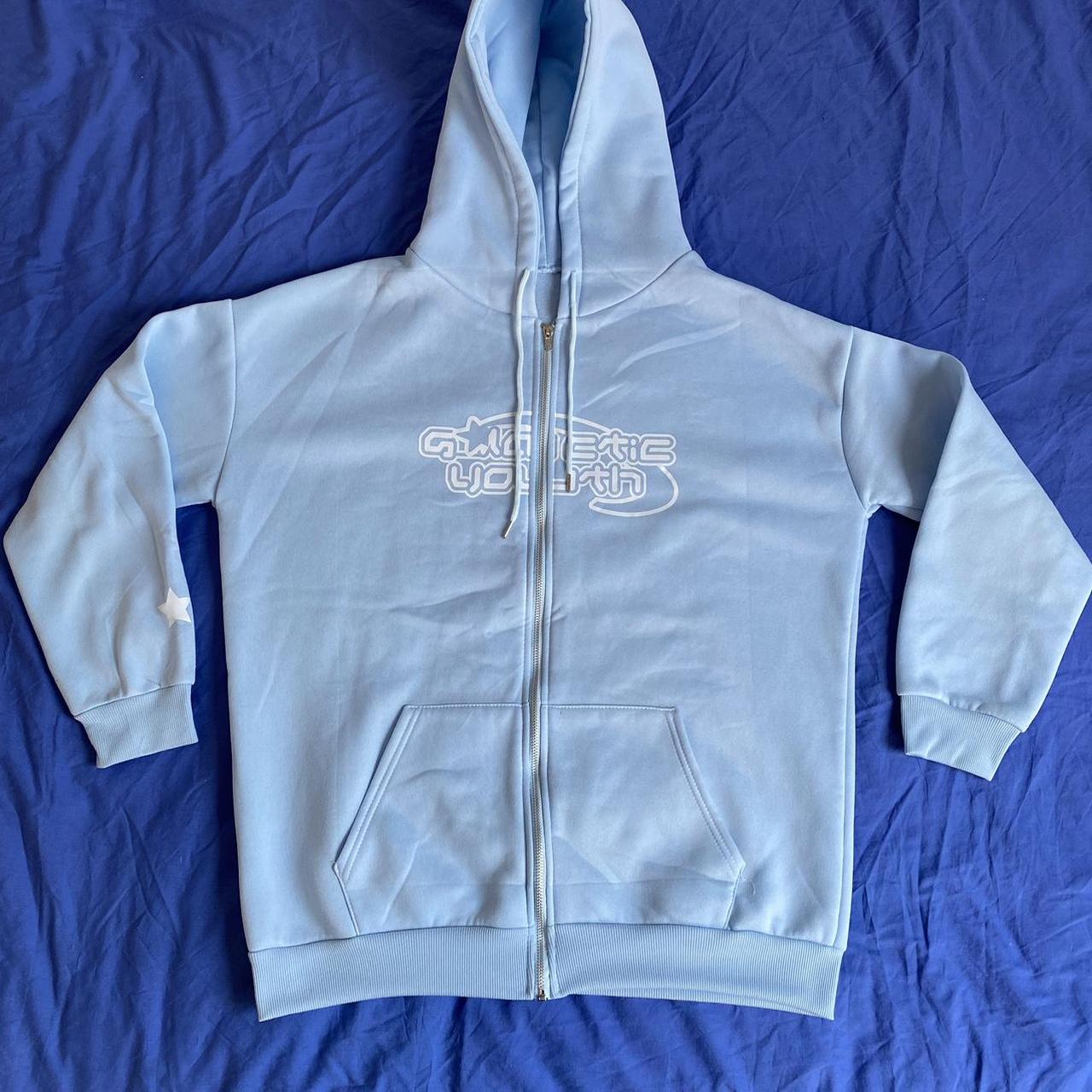 •Light Blue Graphic Hoodie Length: 28” Pit to Pit... - Depop