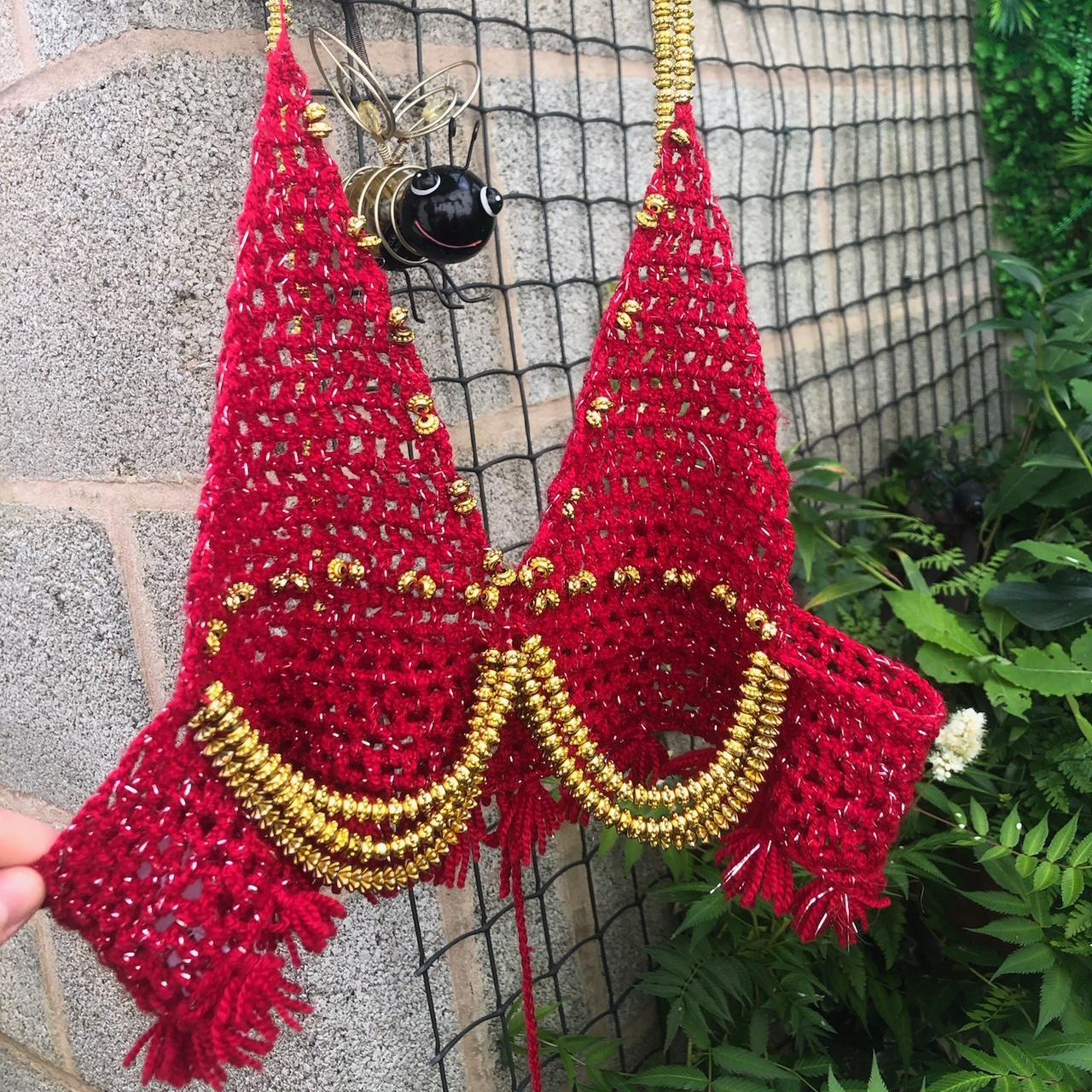 Crochet / knit red festival top Good beaded detail - Depop