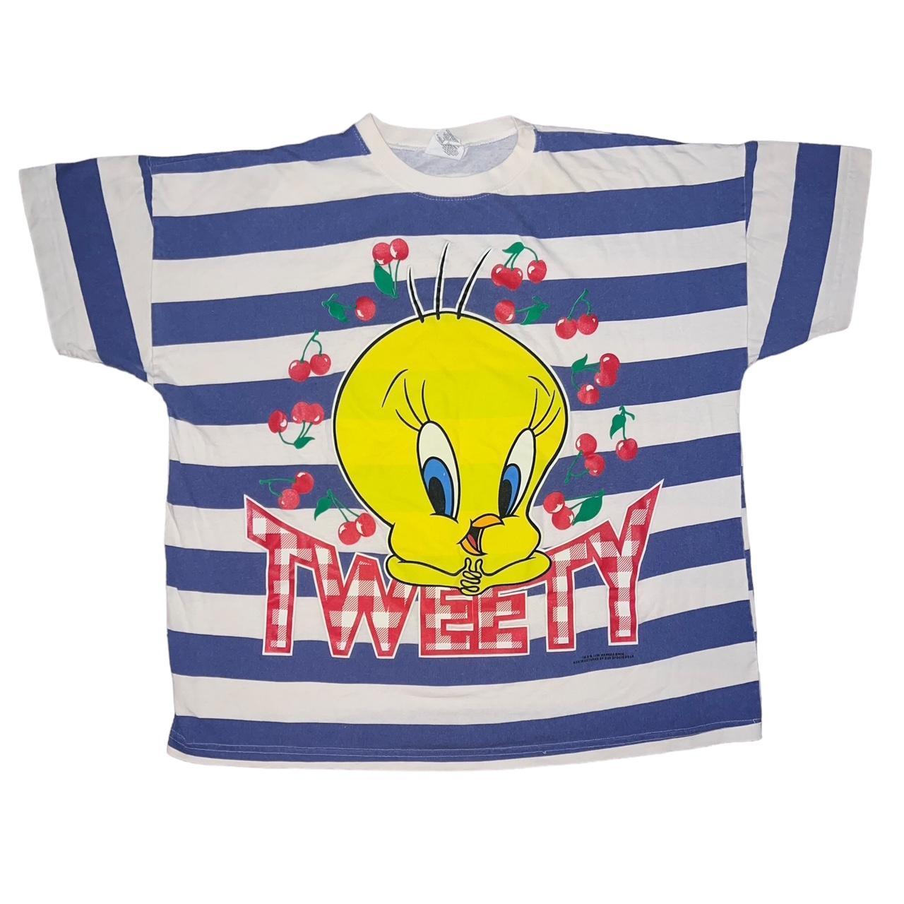 1995 Cute Cherries/Cherry Tweety Bird Striped Boxy... - Depop