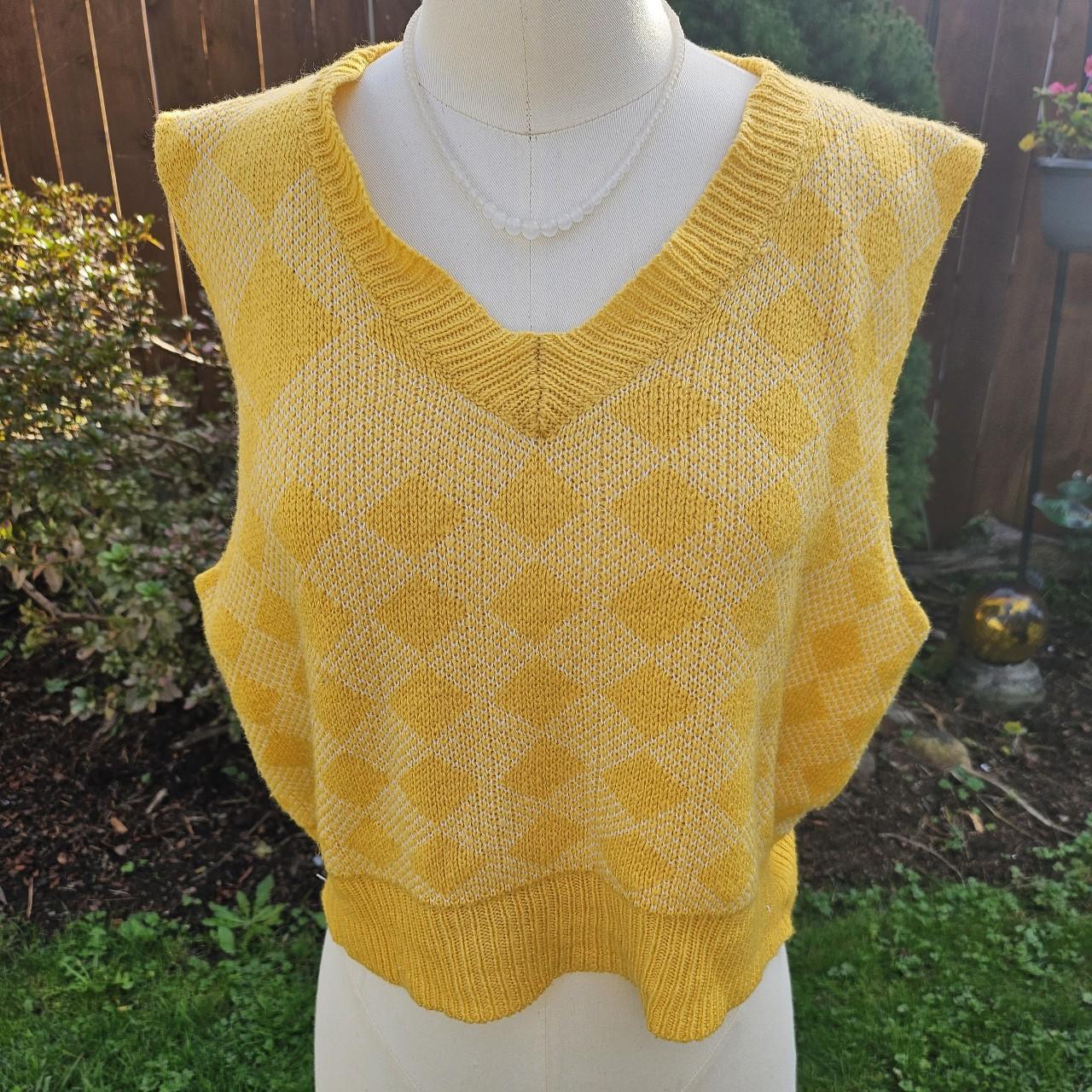 Yellow harlequin pattern diamond pattern sweater... - Depop