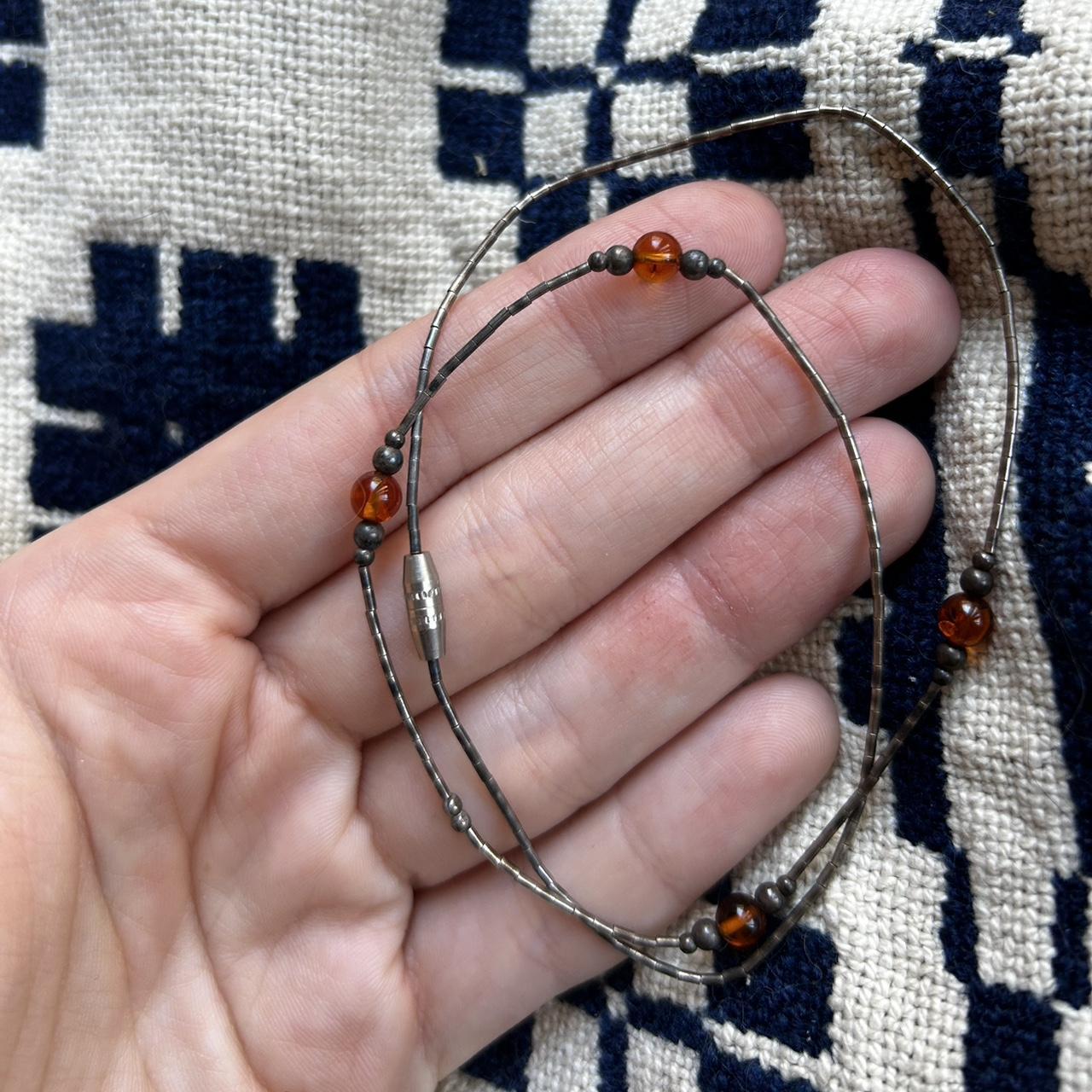 Vintage Sterling silver and amber beaded necklace.... | Depop