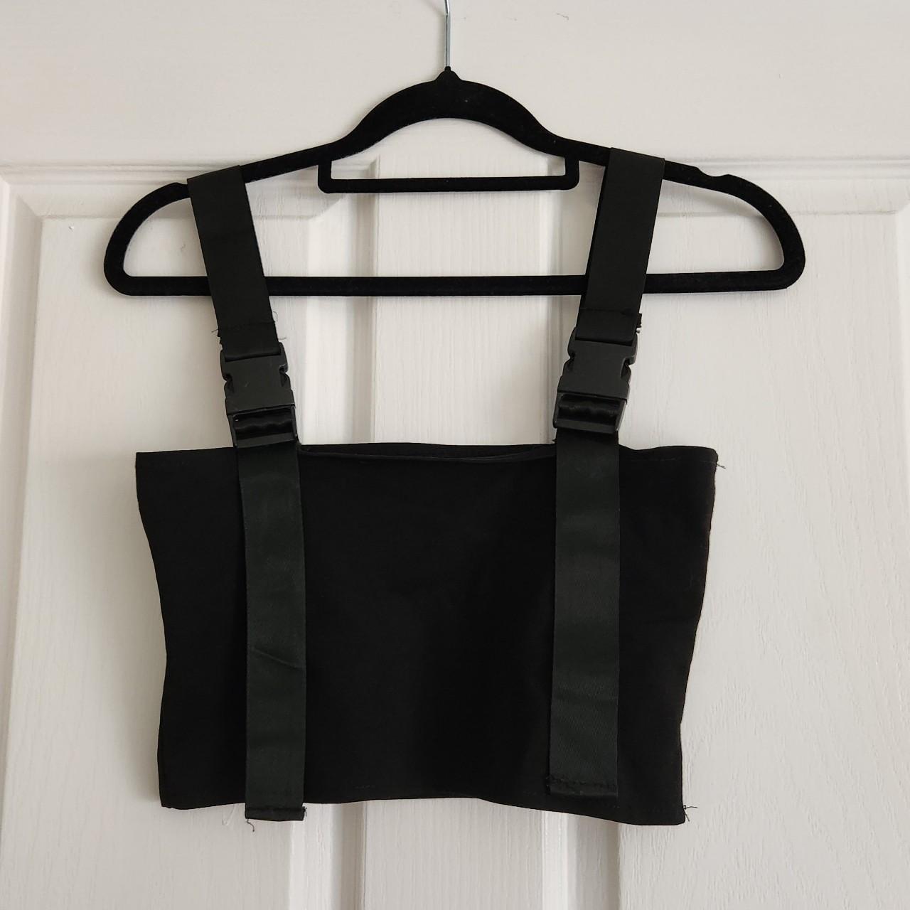 techwear style black buckle crop top 🖤🤍🖤 🩷no size... - Depop