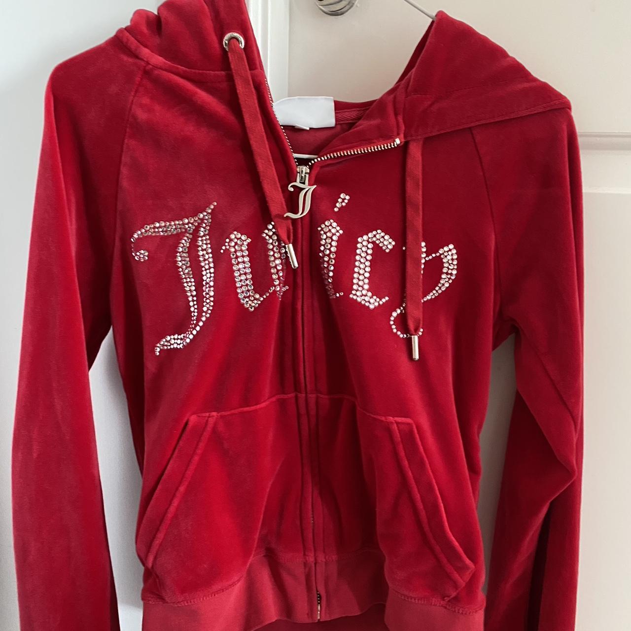Red juicy couture diamanté velour full zip hoodie xs - Depop