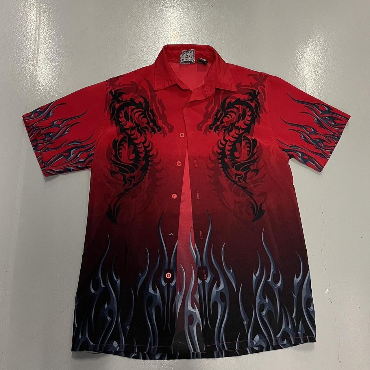 Y2K Button down dragon and flames cyber punk shirt... - Depop