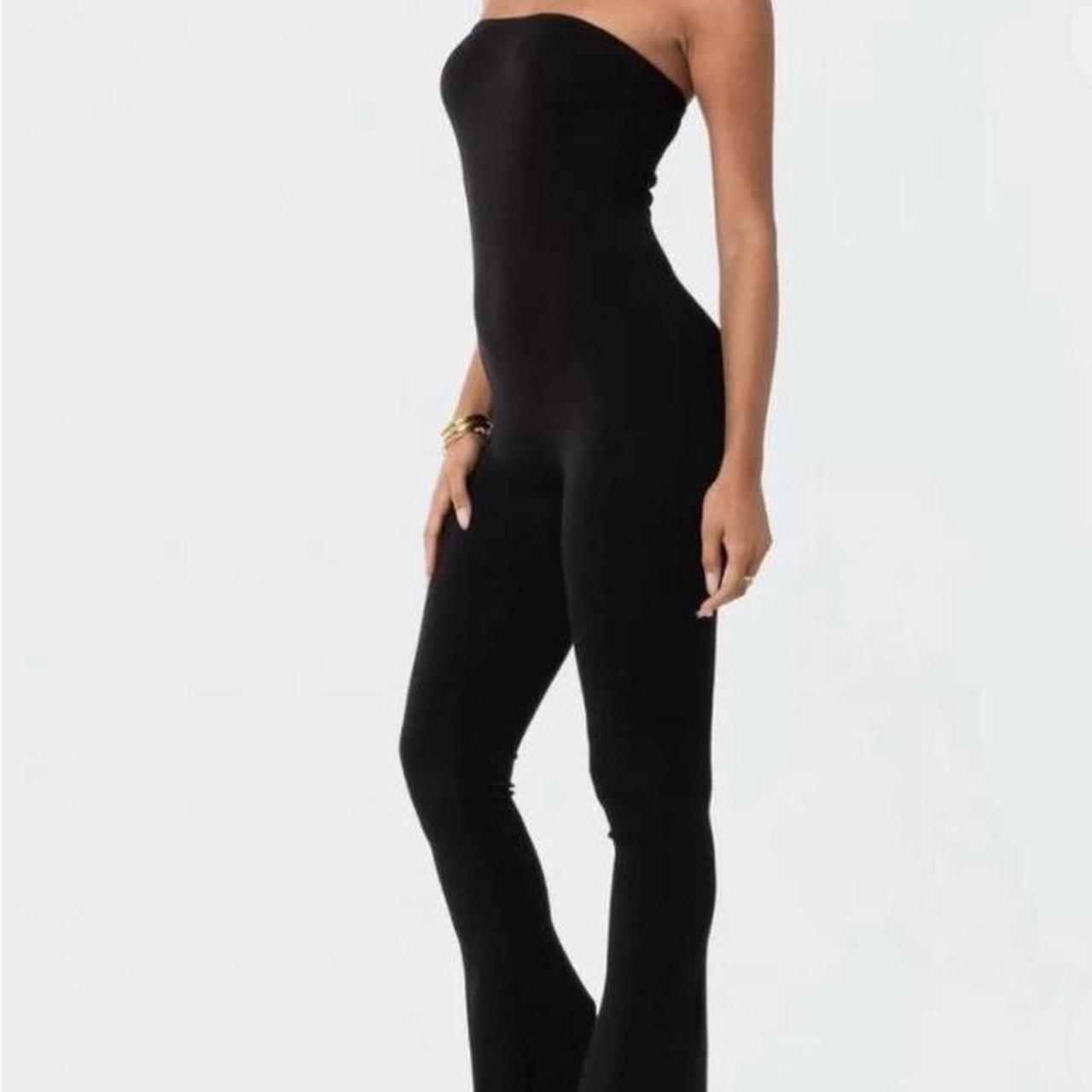 Black Melina slide slits flared strapless jumpsuit... - Depop