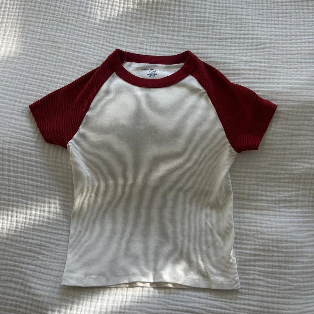 brandy melville - red and white baseball tee ribbed... - Depop