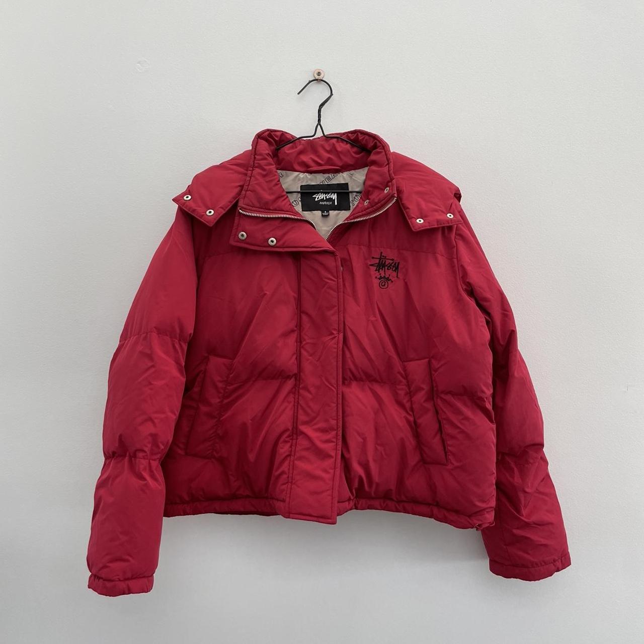 STUSSY Red Crop Hooded Puffer Jacket Like new... - Depop