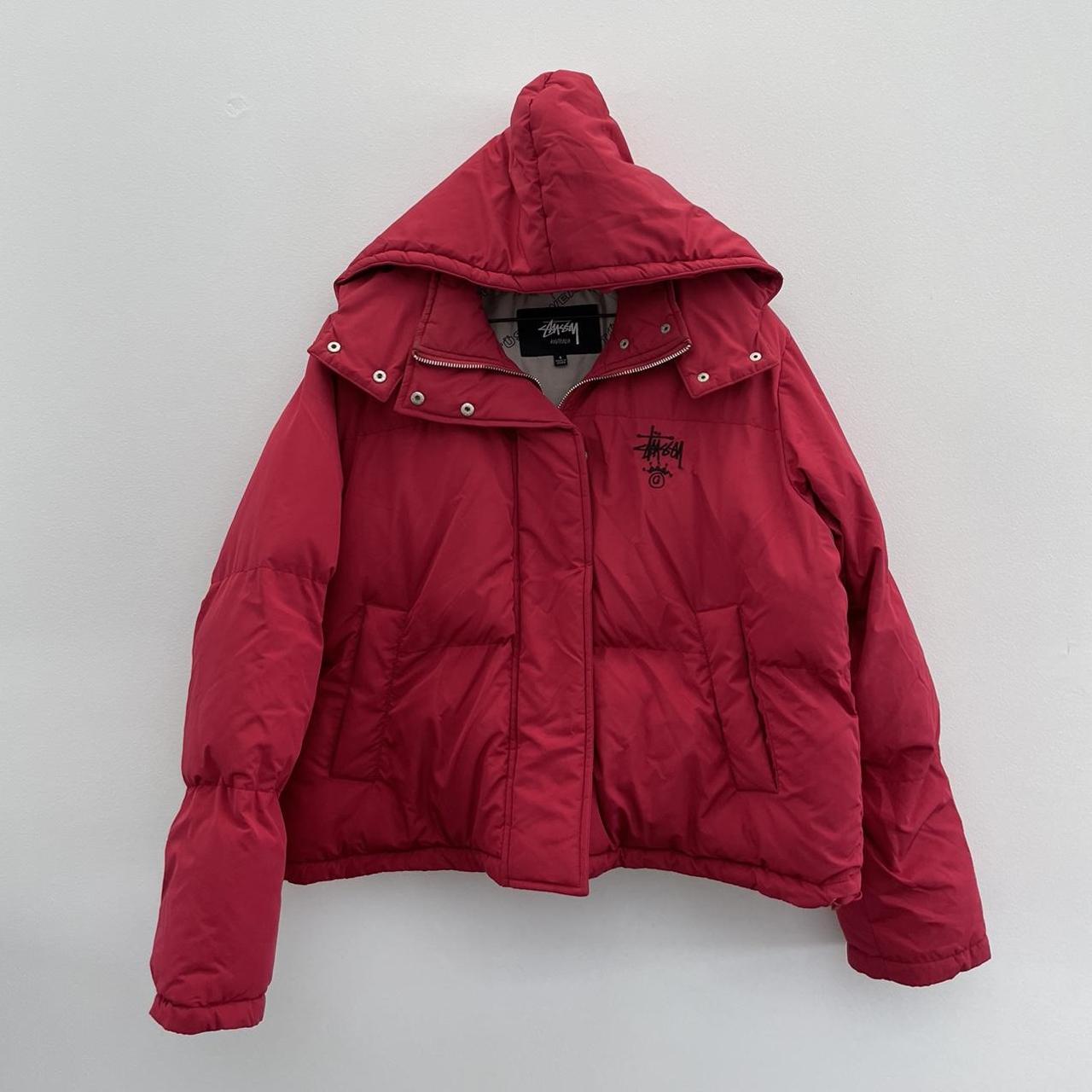 STUSSY Red Crop Hooded Puffer Jacket Like new... - Depop
